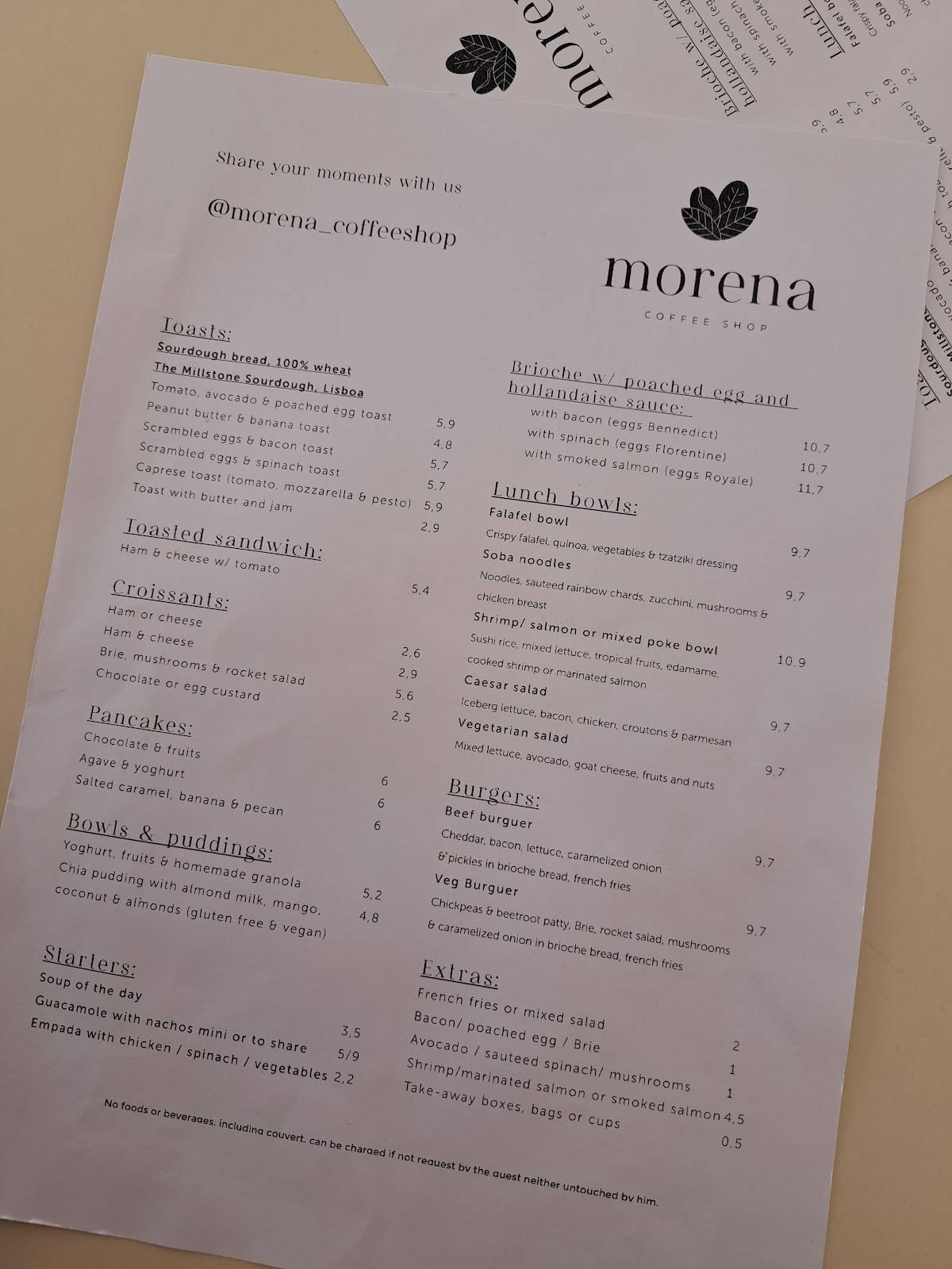 Menu em Morena Coffee Shop cafeteria, Grândola