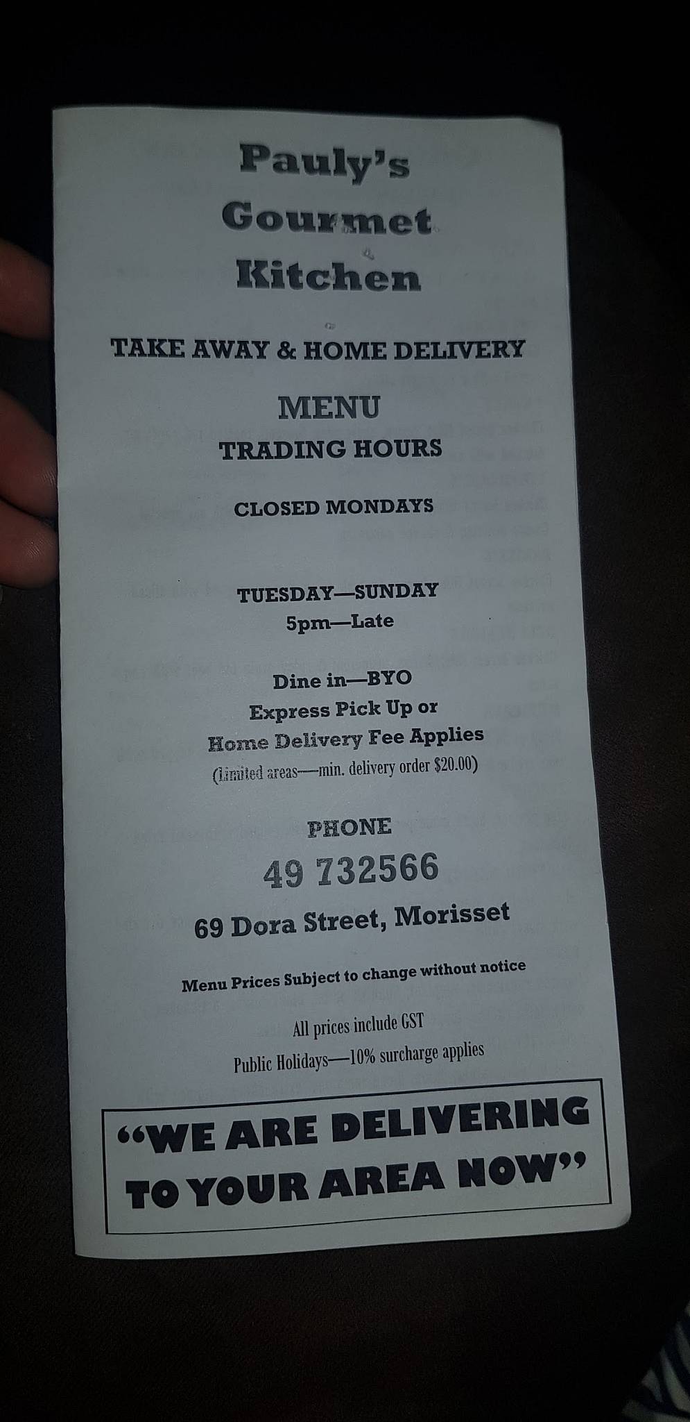 Menu at Pauly's Gourmet Kitchen restaurant, Morisset