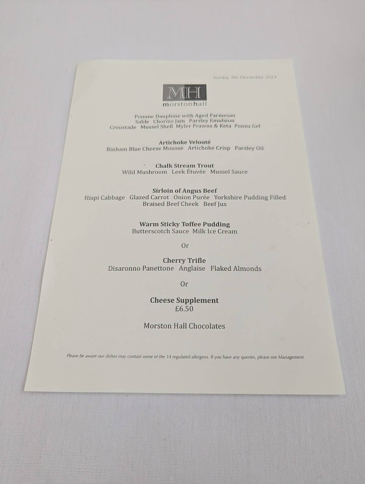 Menu at Morston Hall restaurant, Morston