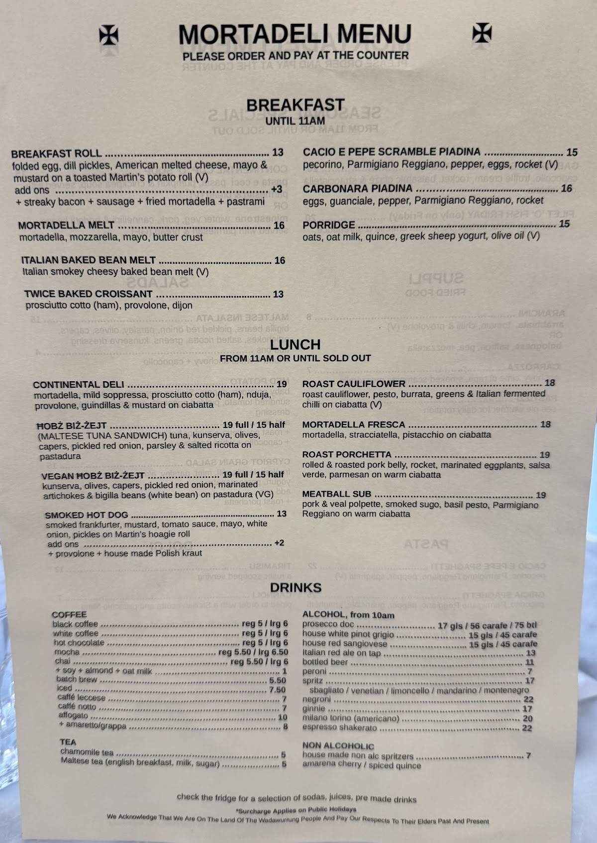 Menu at Mortadeli cafe, Torquay