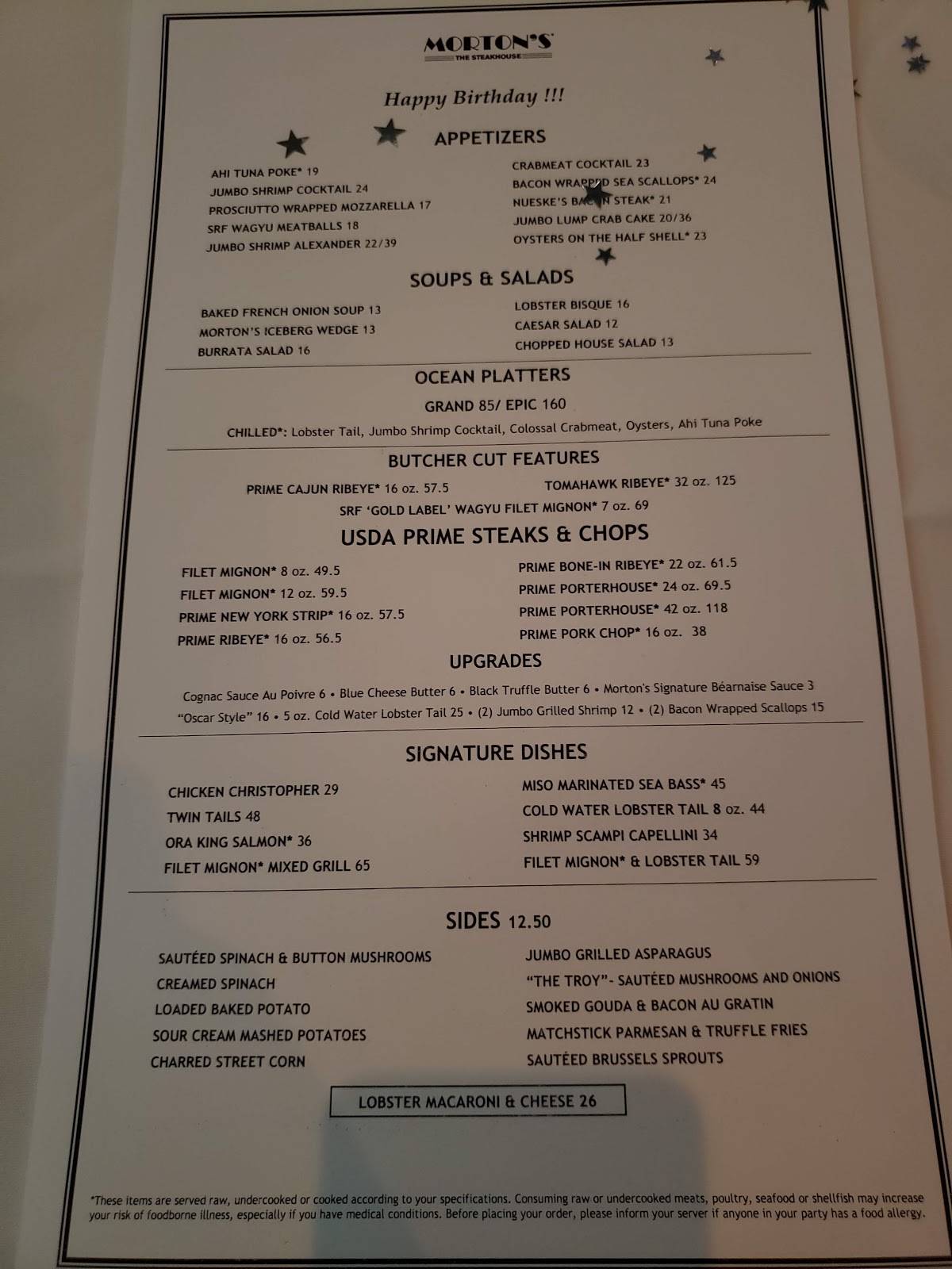 Carta de Morton's The Steakhouse, Coral Gables, Ponce de Leon