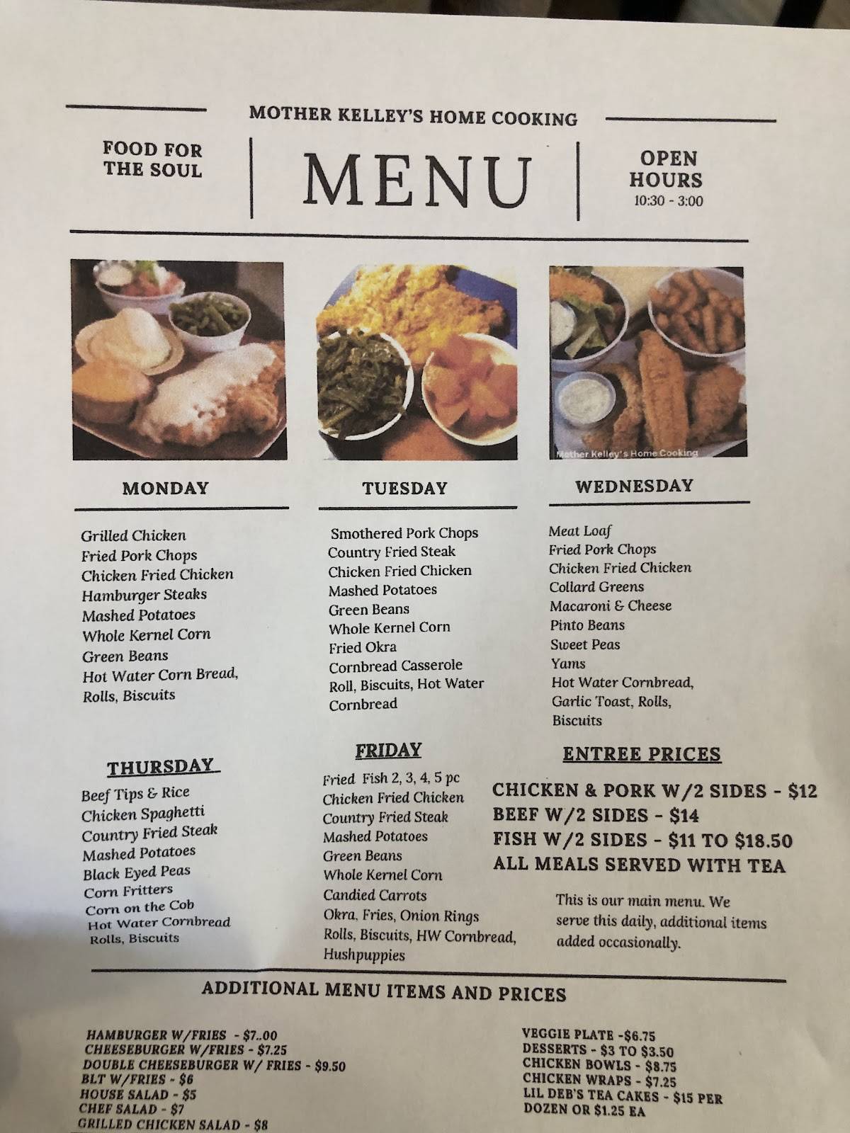 Menu at Mother Kelley's Home Cooking restaurant, Texarkana, N State ...