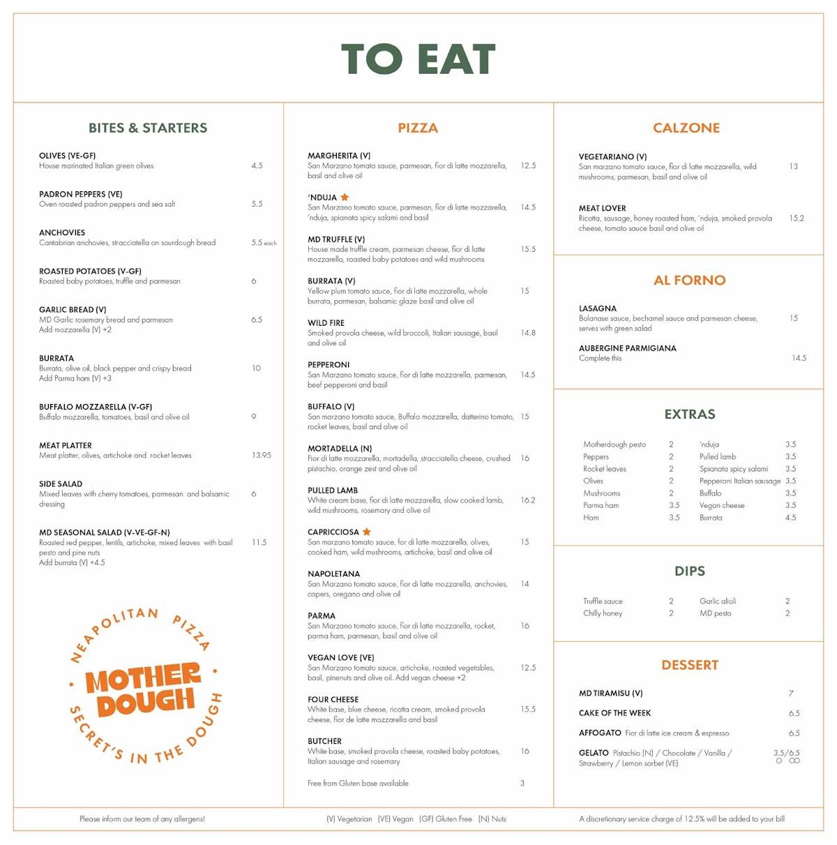 Menu at Motherdough Pizza Neapolitan restaurant, London