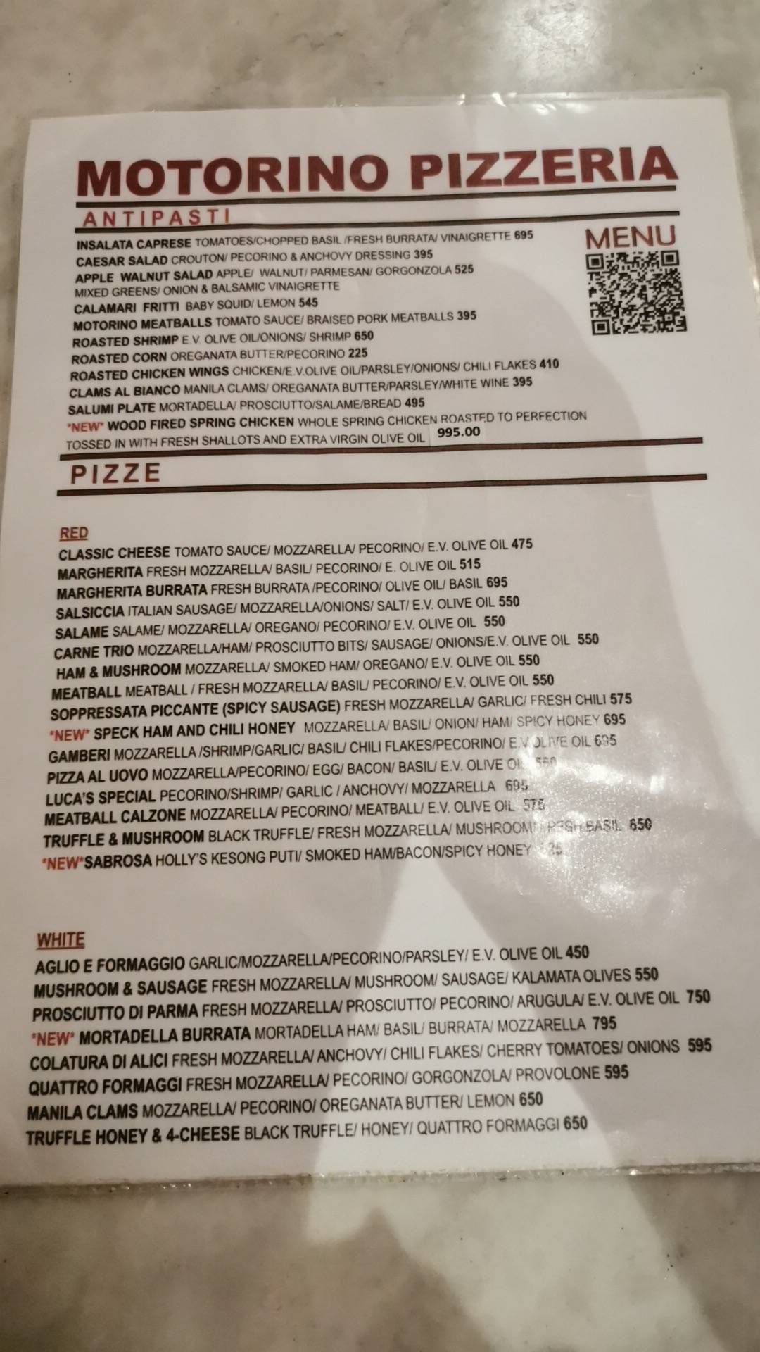 Menu at Motorino Pizza - Greenbelt pizzeria, Makati