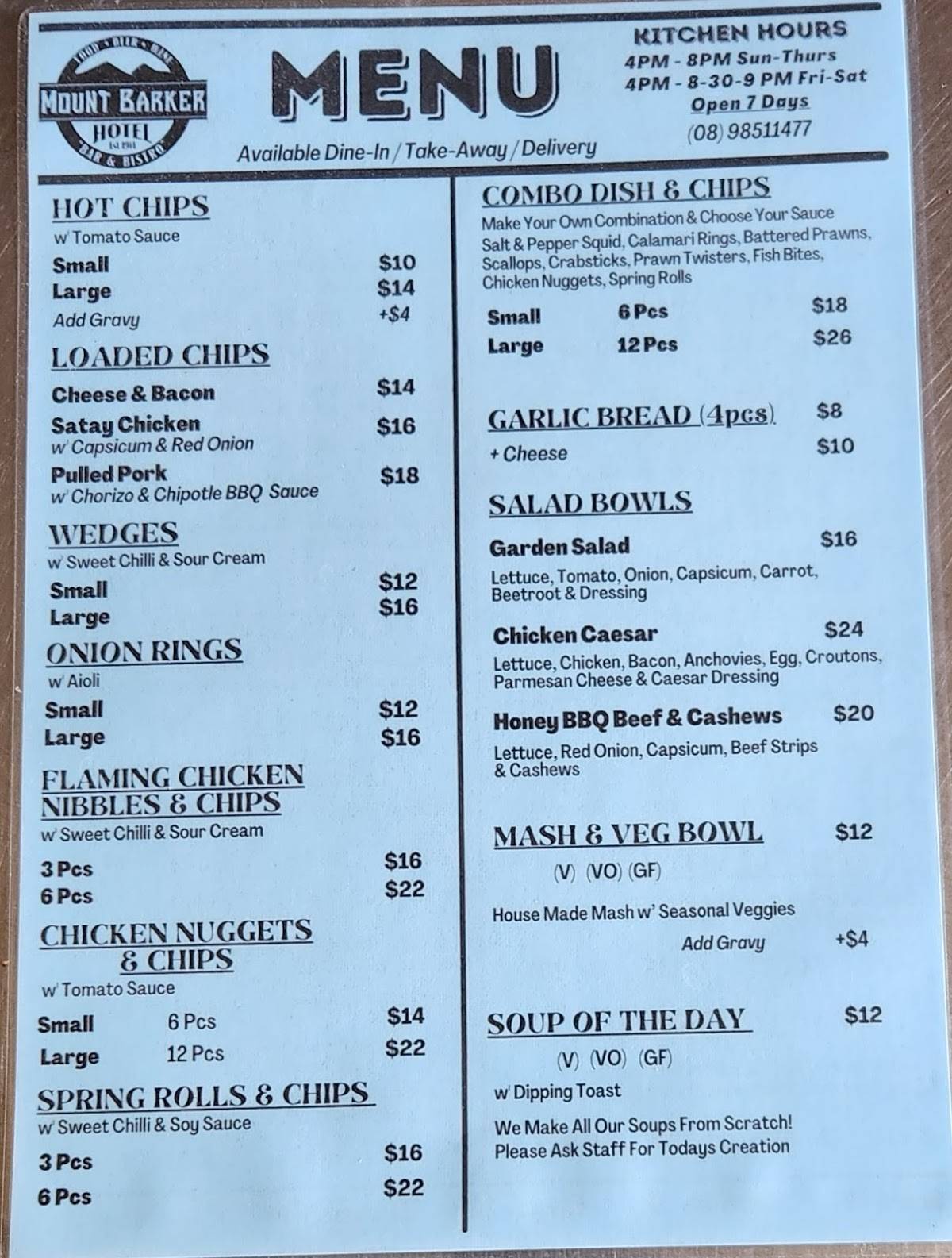 Menu at Mount Barker Hotel Bar & Bistro, Mount Barker