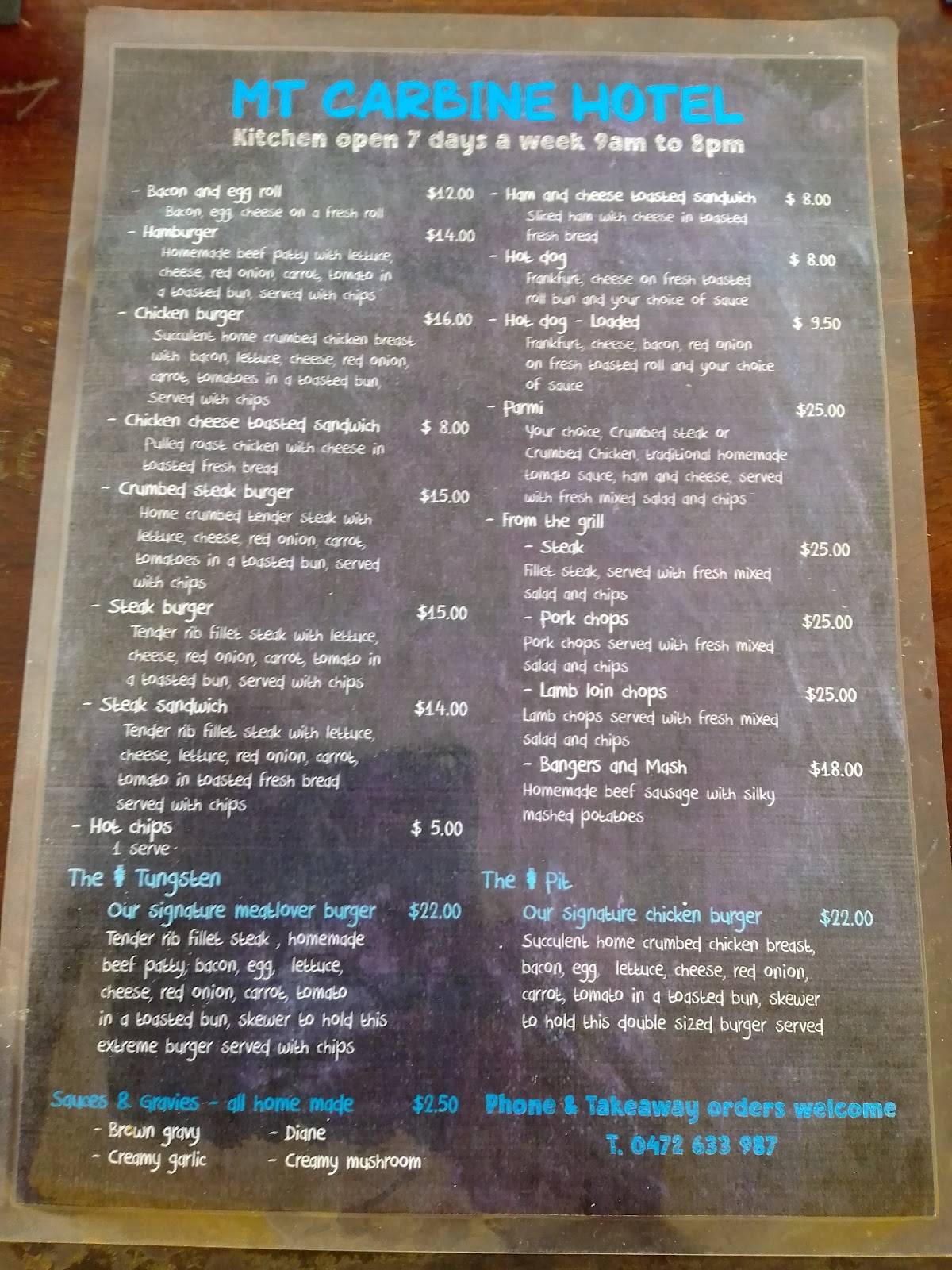Carta del pub y bar Mount Carbine Hotel Motel, Mount Carbine