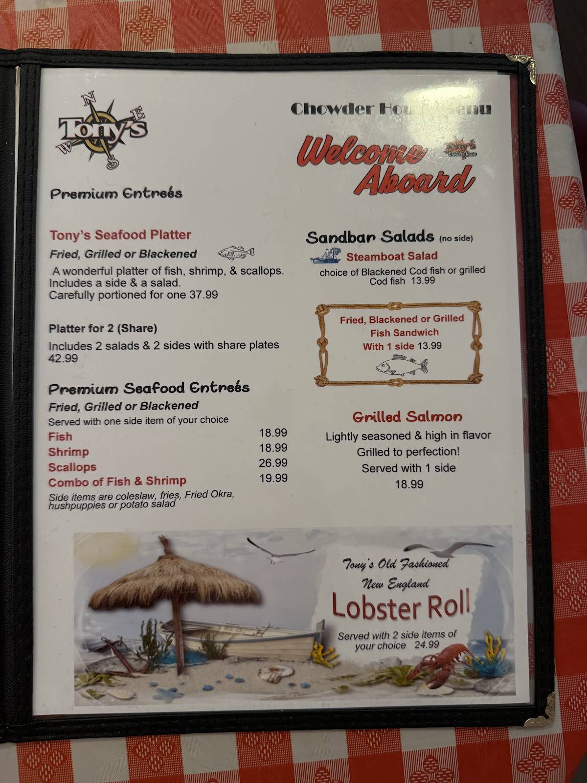 Menu at Tony’s Chowder House restaurant, Mount Dora