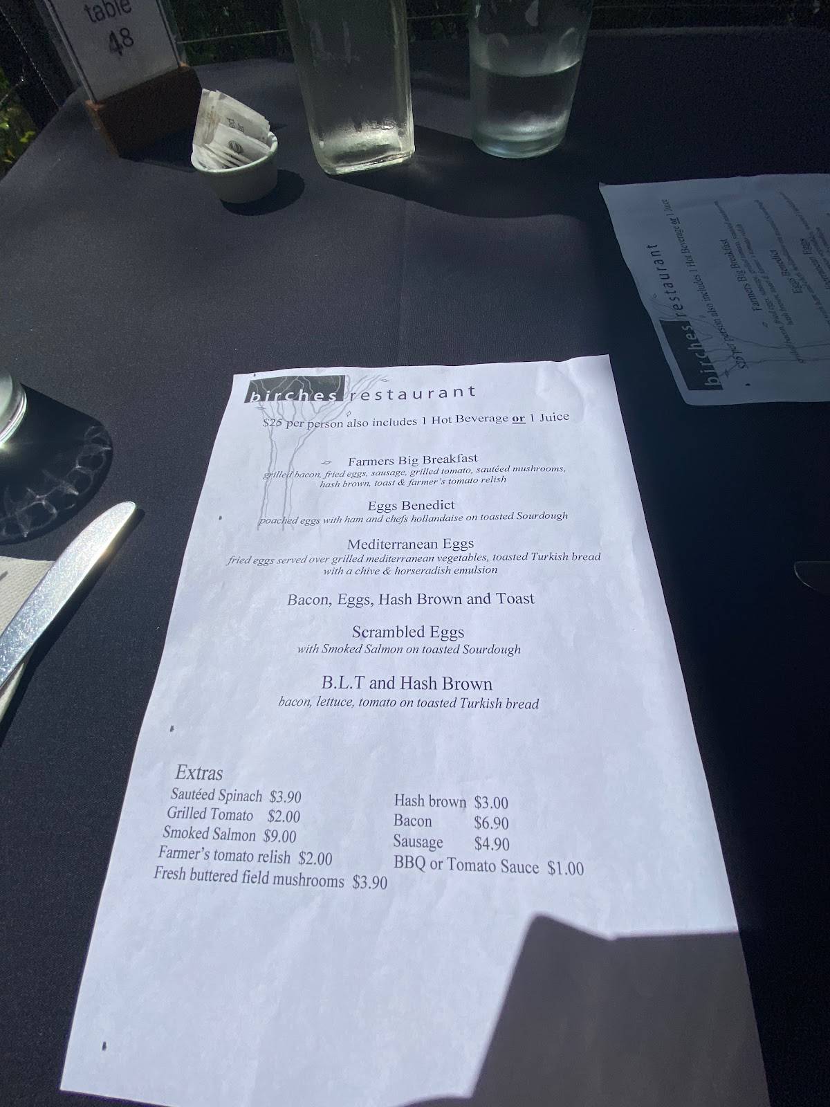 Menu at Birches Restaurant, Mount Mee