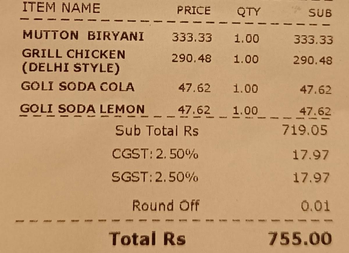 Menu at Mount Road Bilal at ECR, Chennai