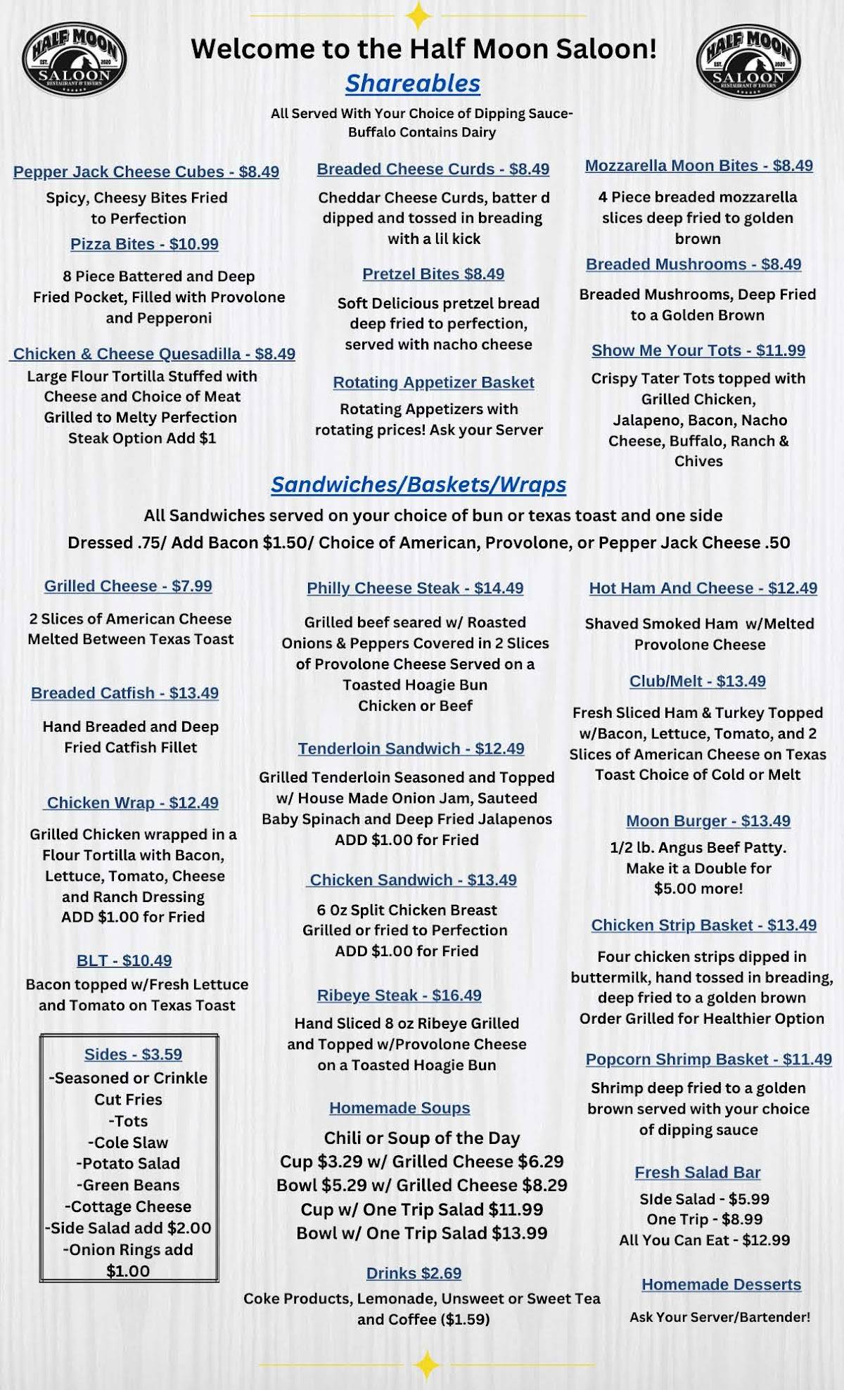 Menu at Half Moon Saloon pub & bar, Mount Vernon