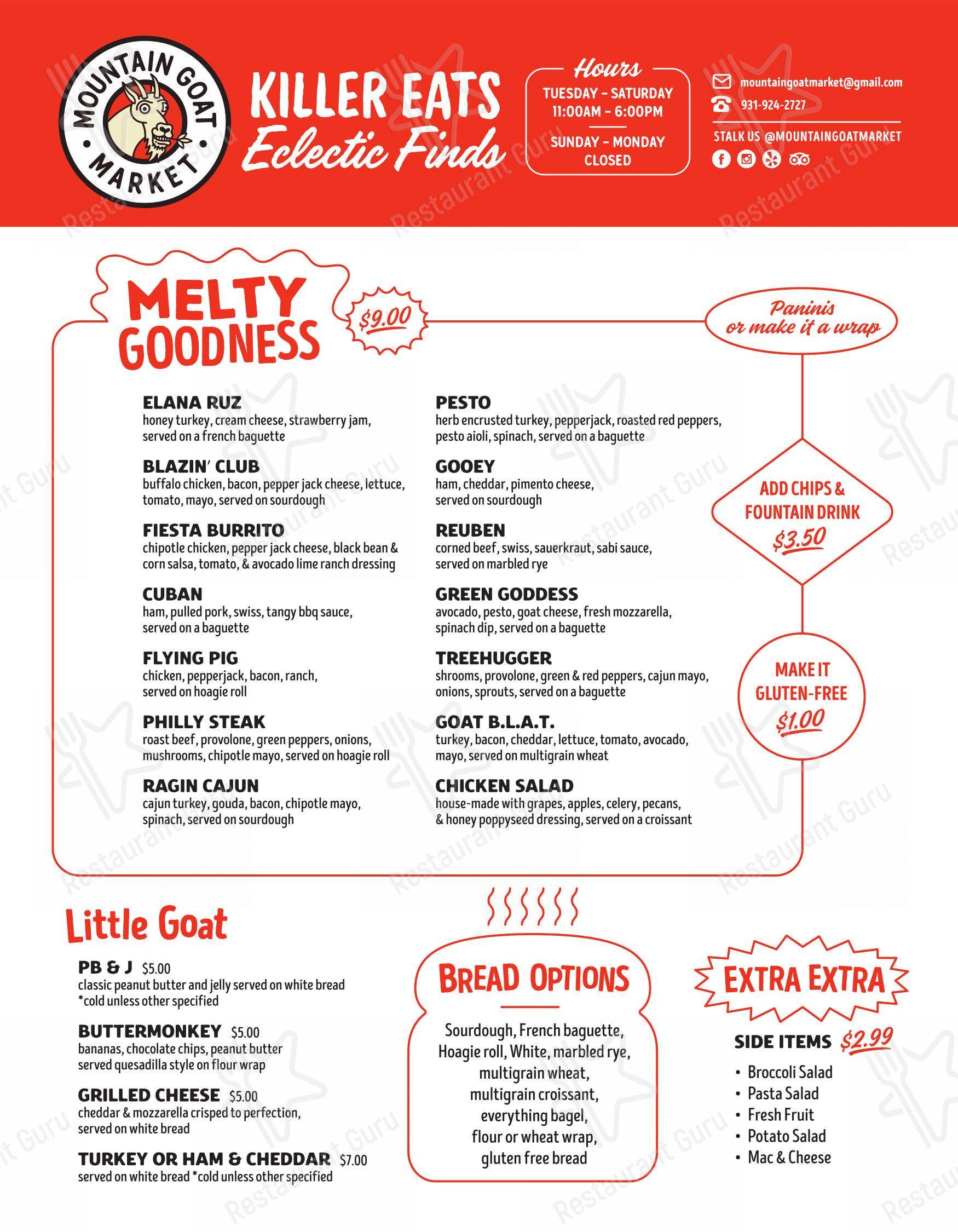 Menu at Mountain Goat Market cafe, Monteagle