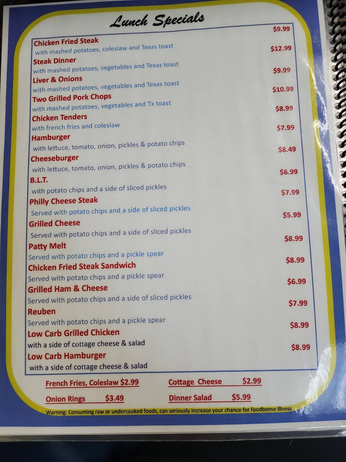 Menu at The Cozy Kitchen restaurant, Mountain Home