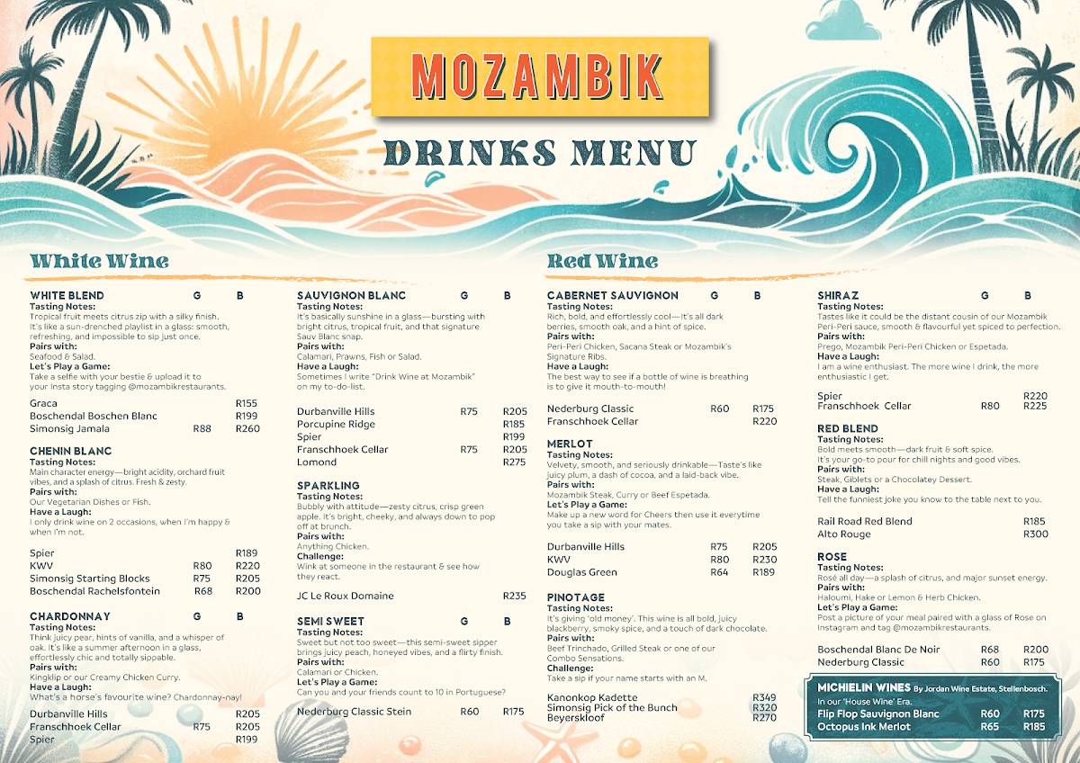 Menu at Mozambik Galleria restaurant, Amanzimtoti