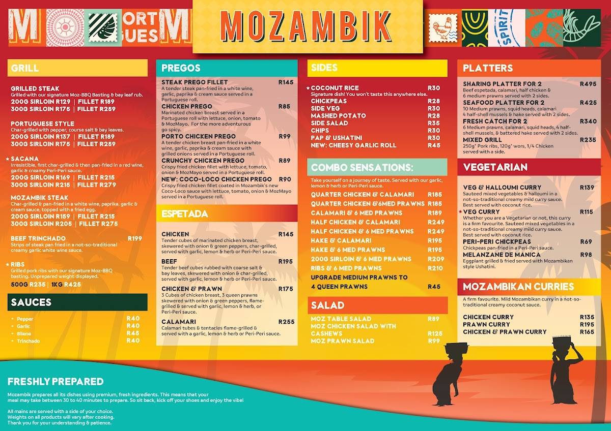 Menu at Mozambik Wilsons Wharf restaurant, Durban