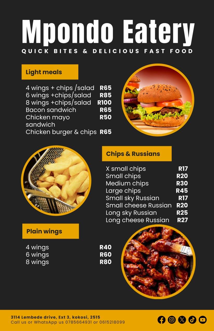 Menu at Mpondo Busy Corner And Chesanyama pub & bar, Fochville