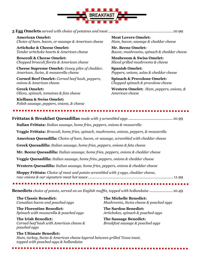 Menu at Mr. Beenz Diner restaurant, Rochester
