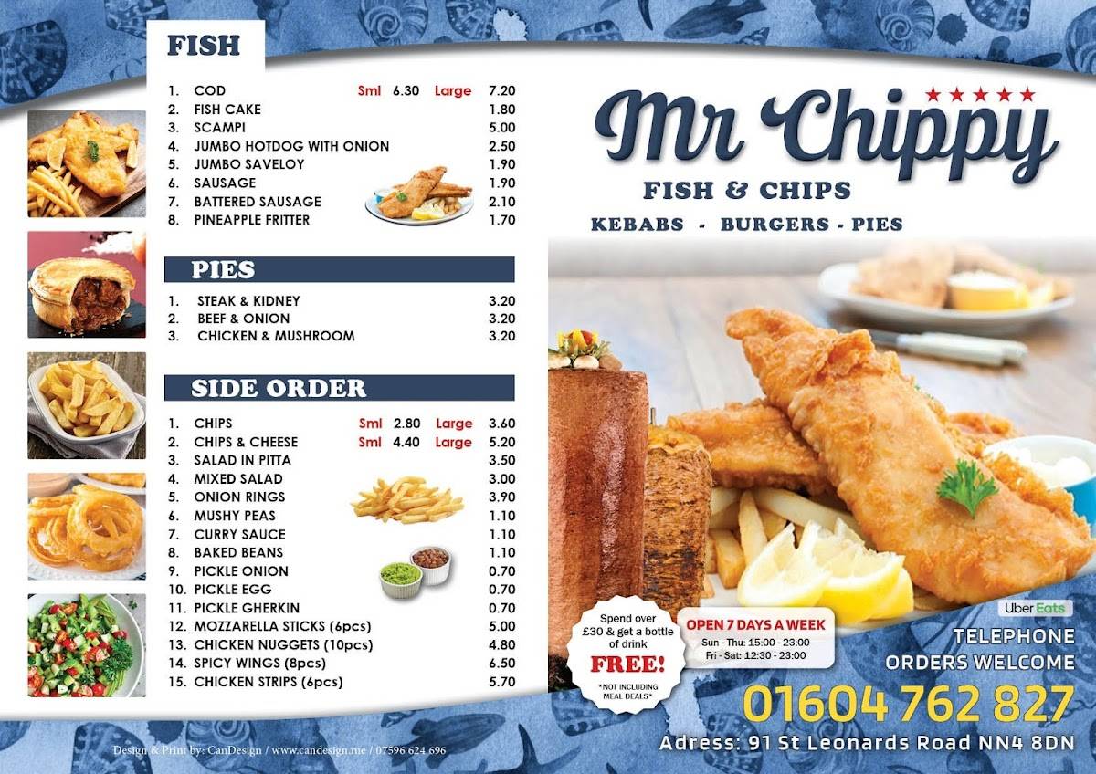 Menu at Mr Chippy fast food, Northampton, 91 St Leonards Rd