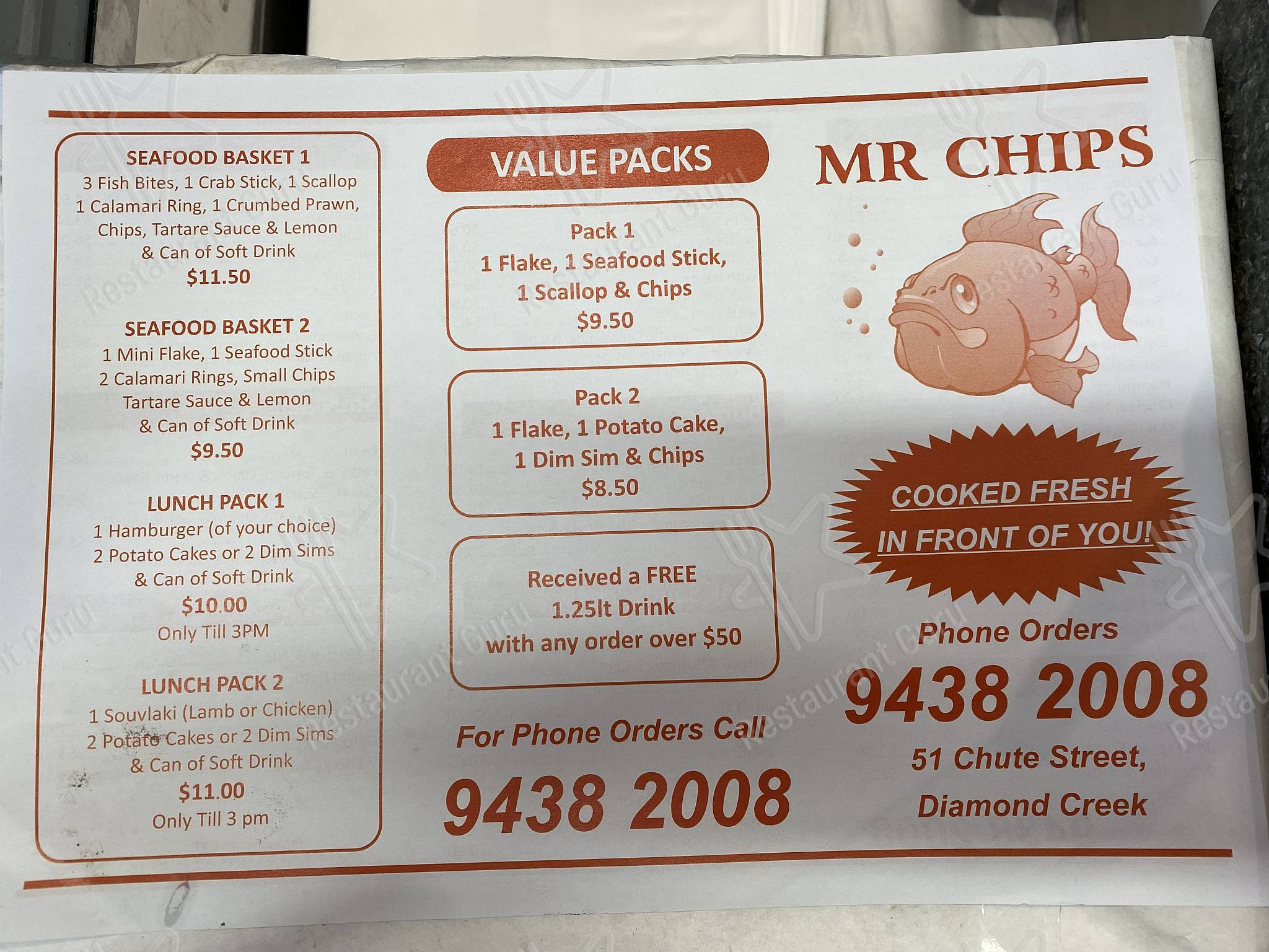 Menu at Mr Chips fast food, Diamond Creek