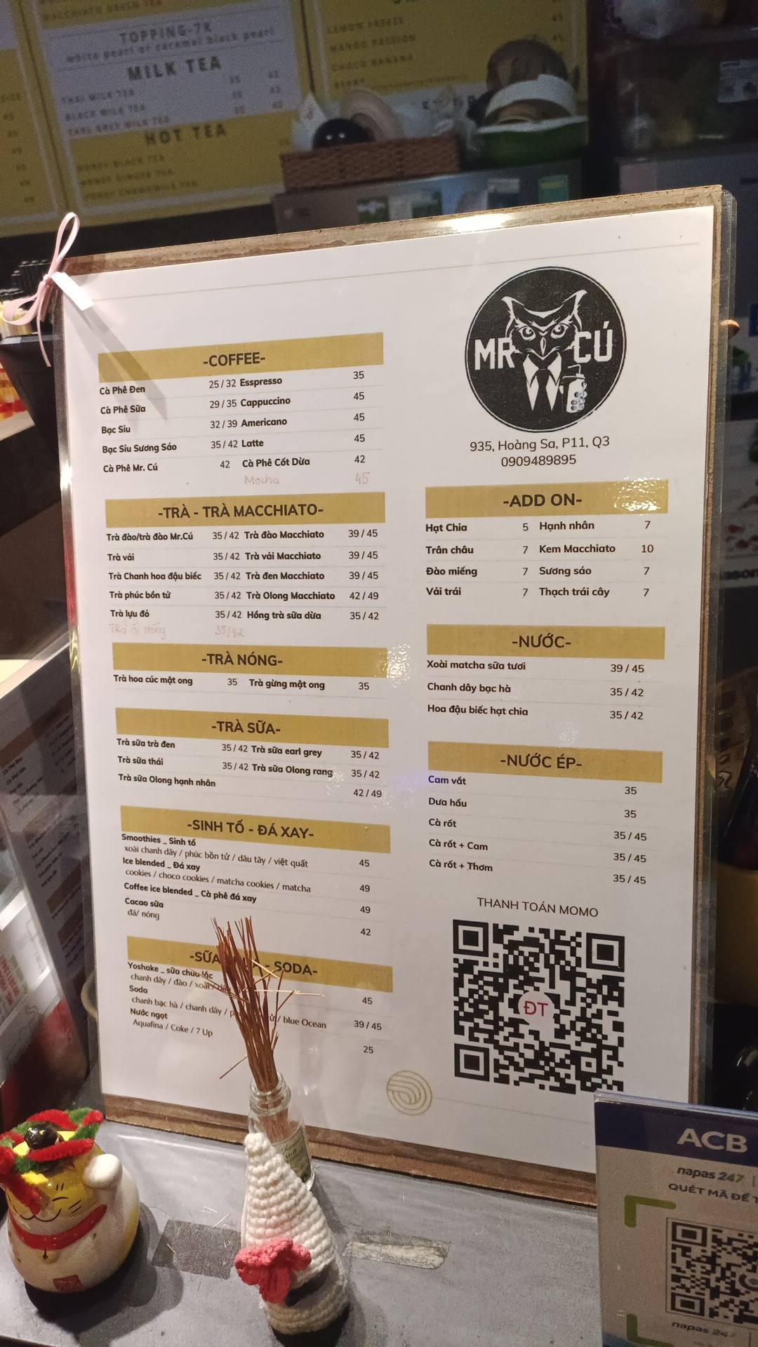 Menu at Mr. Cu's Coffee cafe, Ho Chi Minh City