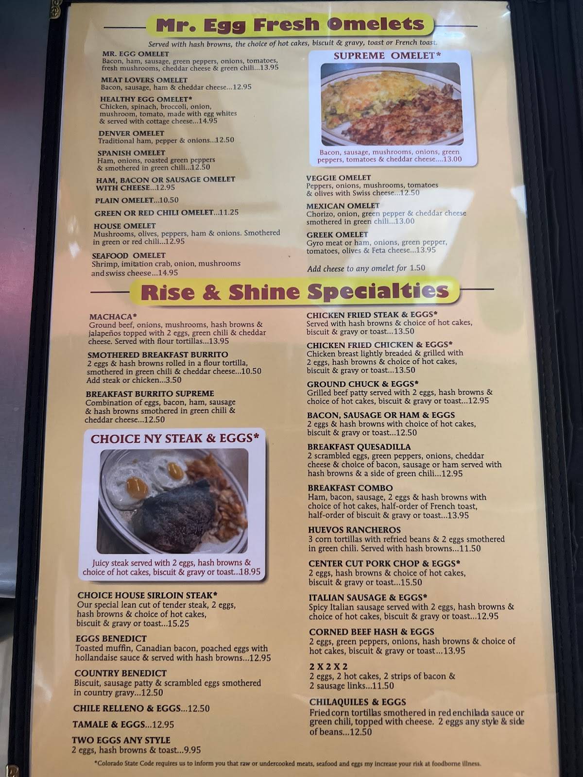 Menu at Mr. Egg restaurant, Denver