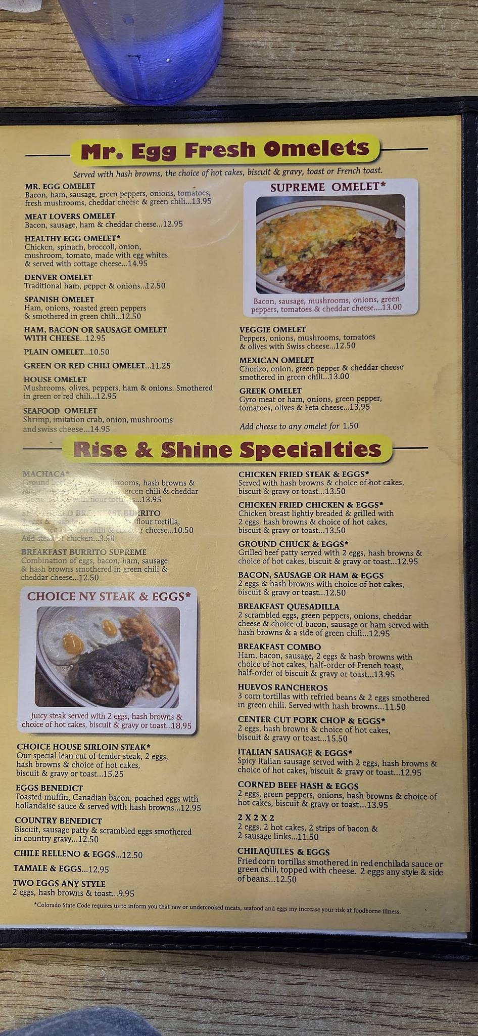 Menu at Mr. Egg restaurant, Denver