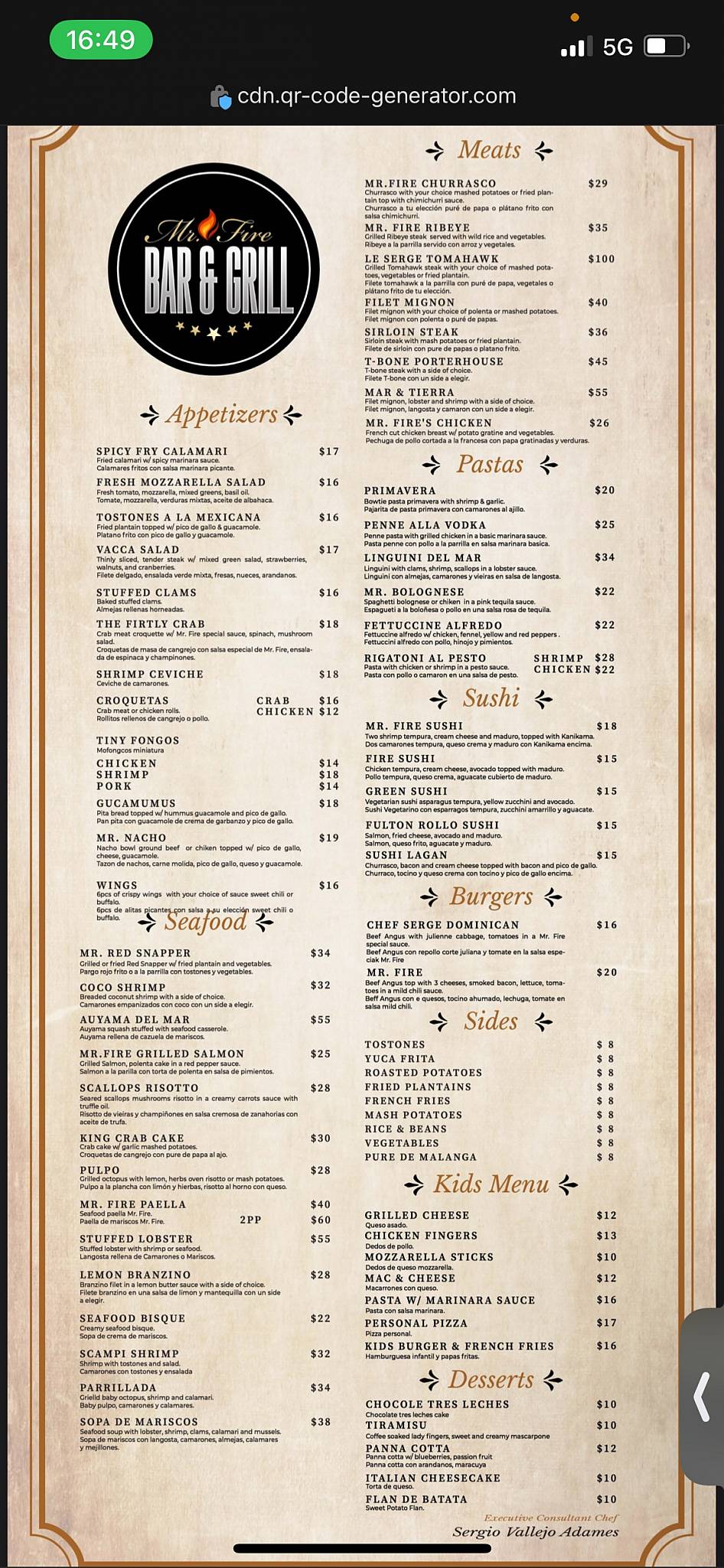 Menu at Mr. Fire Bar & Grill, New York City
