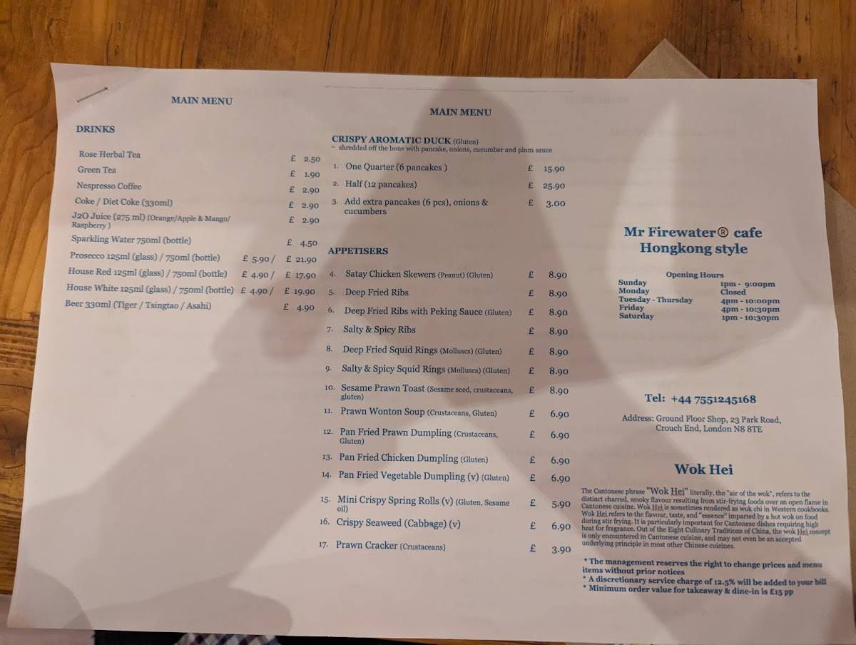 Menu at Mr Firewater cafe, London