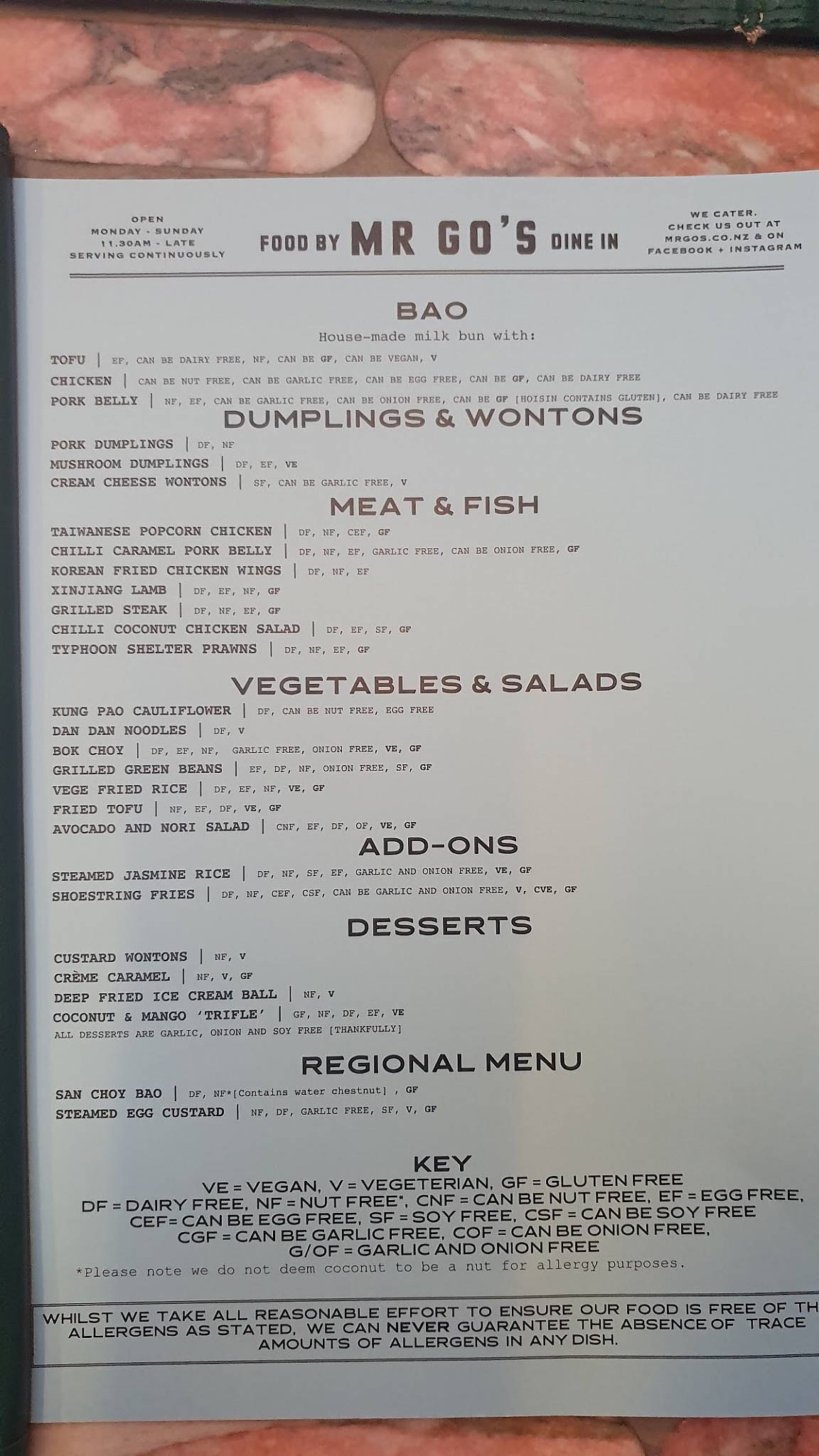 Menu at Mr Go's restaurant, Wellington