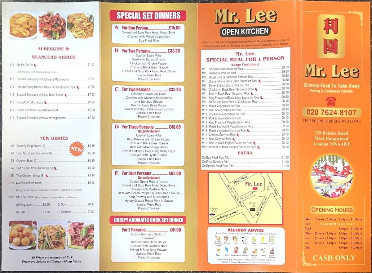 Menu at Mr Lee fast food, London, 238 Belsize Rd