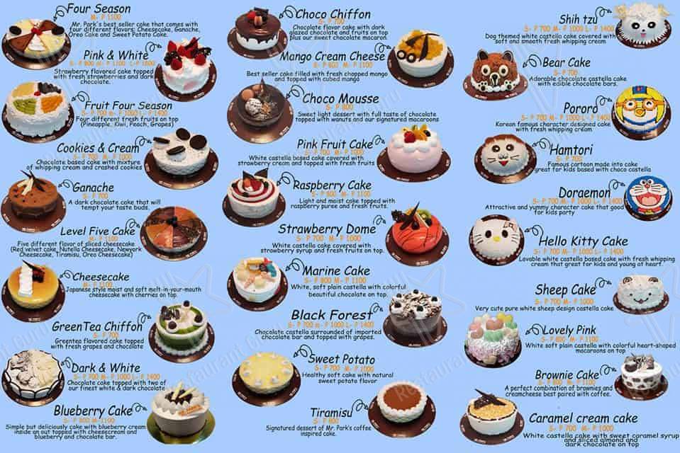 Menu at Mr. Park's Bread and Cake cafe, Makati