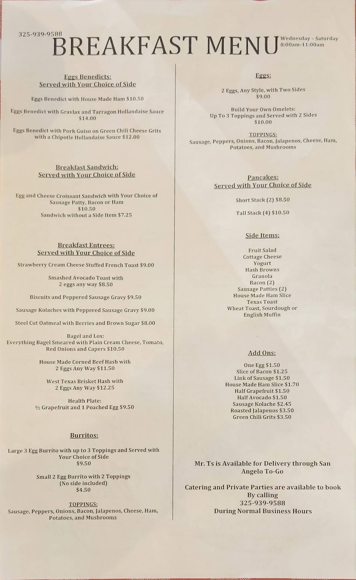 Menu at Mr T's Deli restaurant, San Angelo