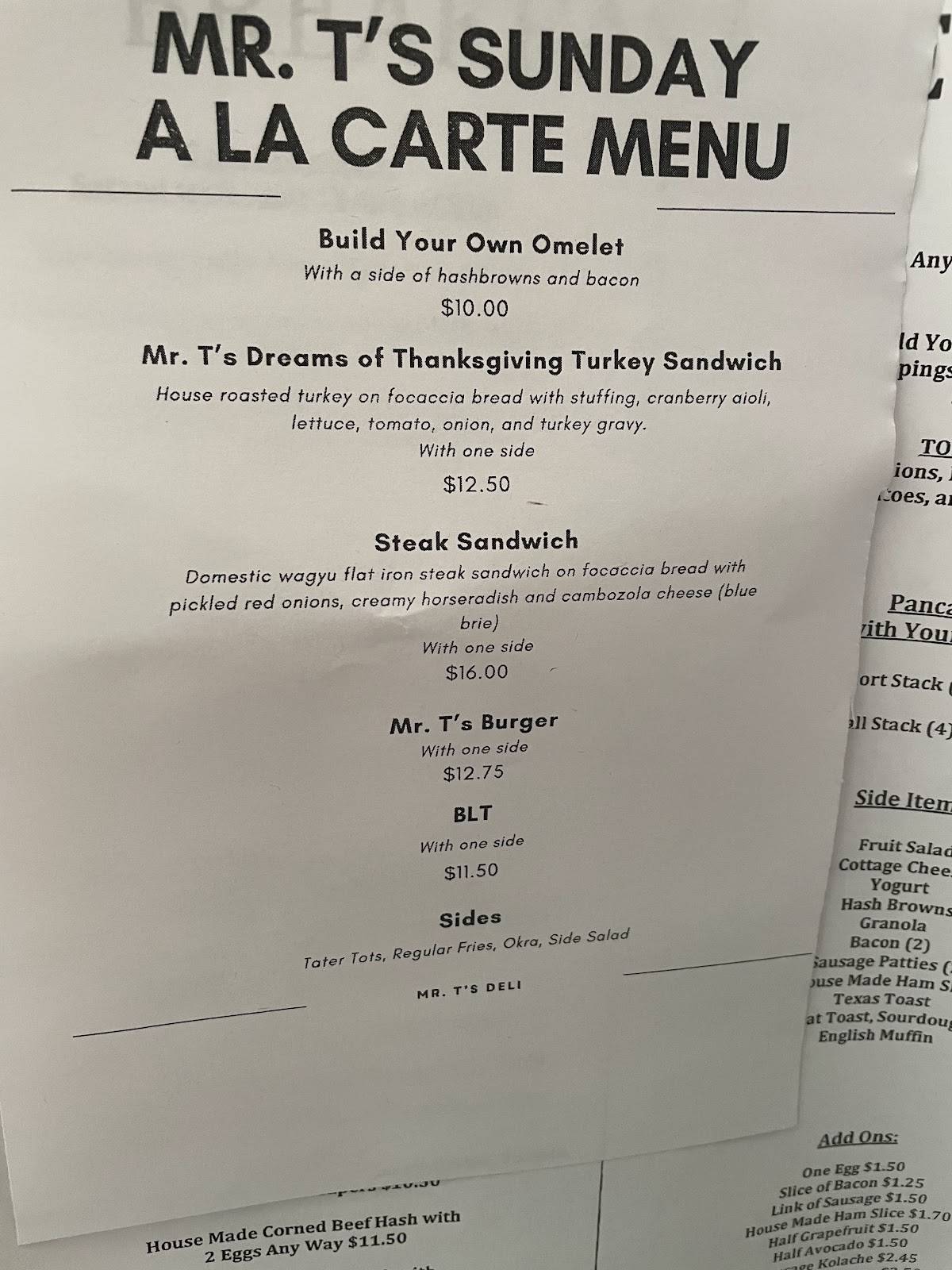 Menu at Mr T's Deli restaurant, San Angelo