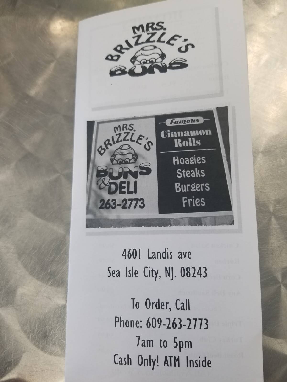 Menu at Mrs. Brizzle's Buns Inc bakery, Sea Isle City
