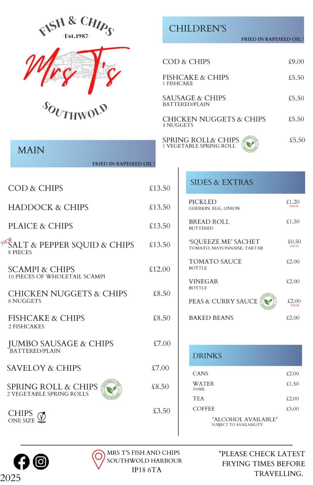 Menu at Mrs T's Fish & Chips fast food, Southwold
