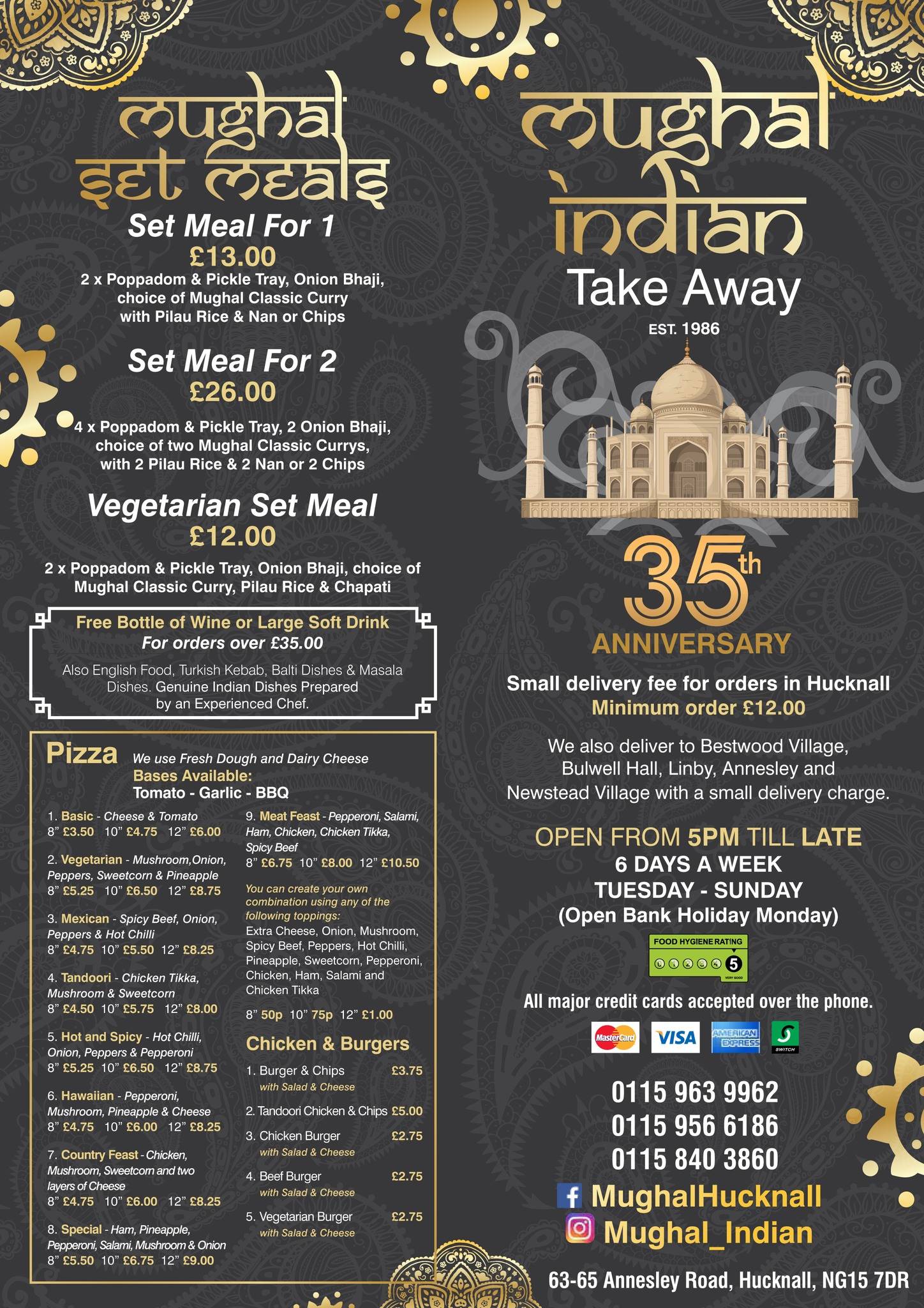 Menu at Mughal Indian Takeaway and Restaurant, Nottingham