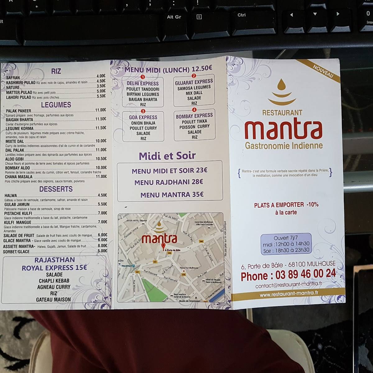 Menu au Mantra restaurant, Mulhouse