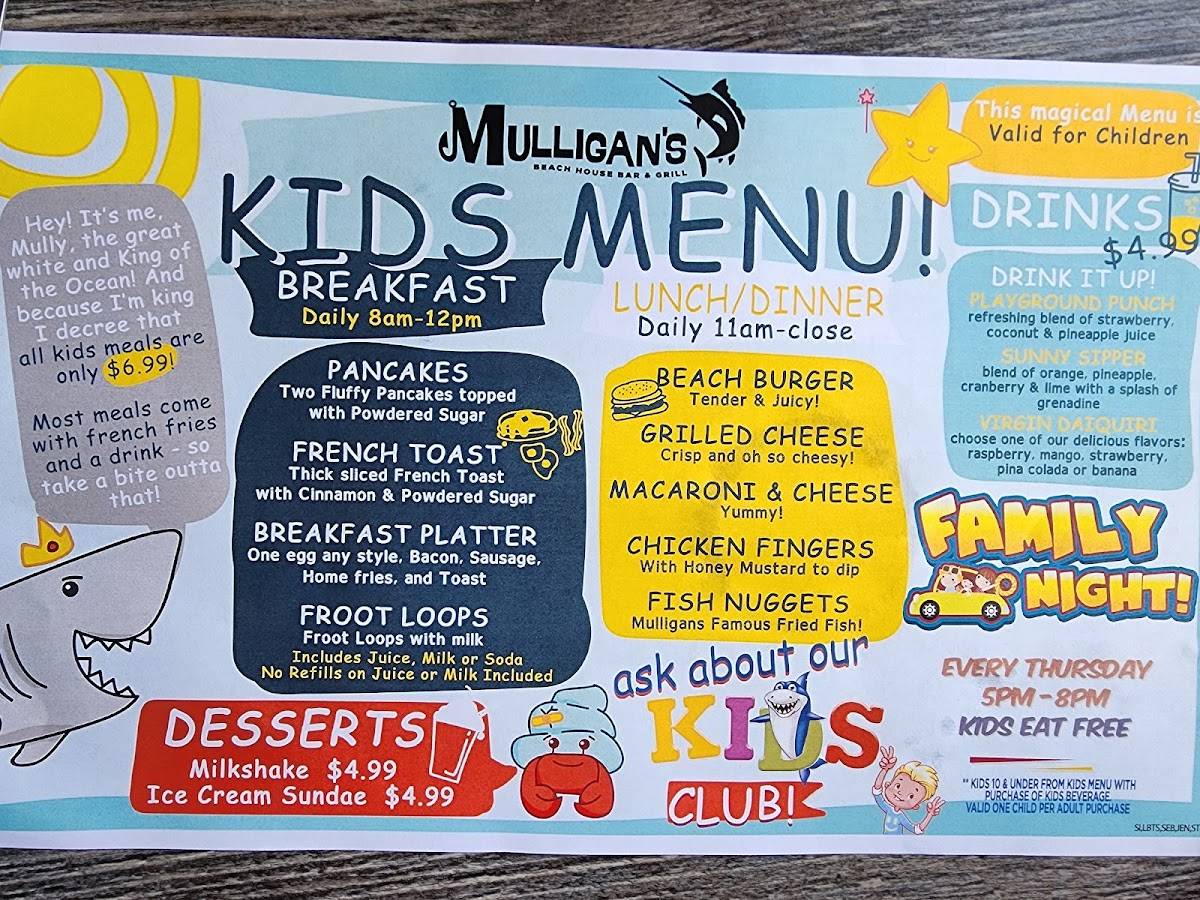Menu at Mulligan's Beach House pub & bar, Sebastian