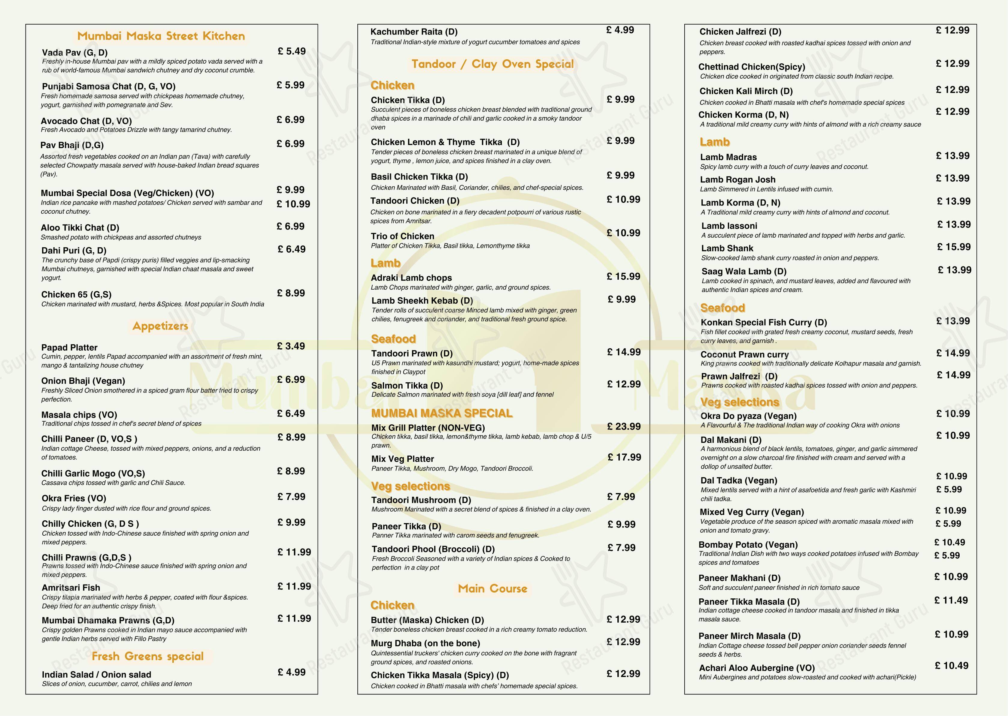Menu at Mumbai Maska restaurant, London