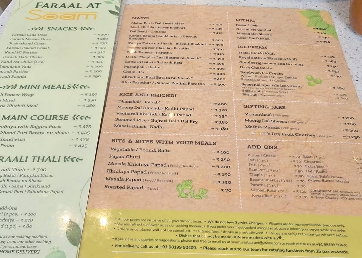 Menu at Soam, Mumbai