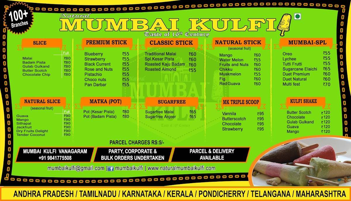 Menu at Mumbai kulfi vanagaram, Chennai