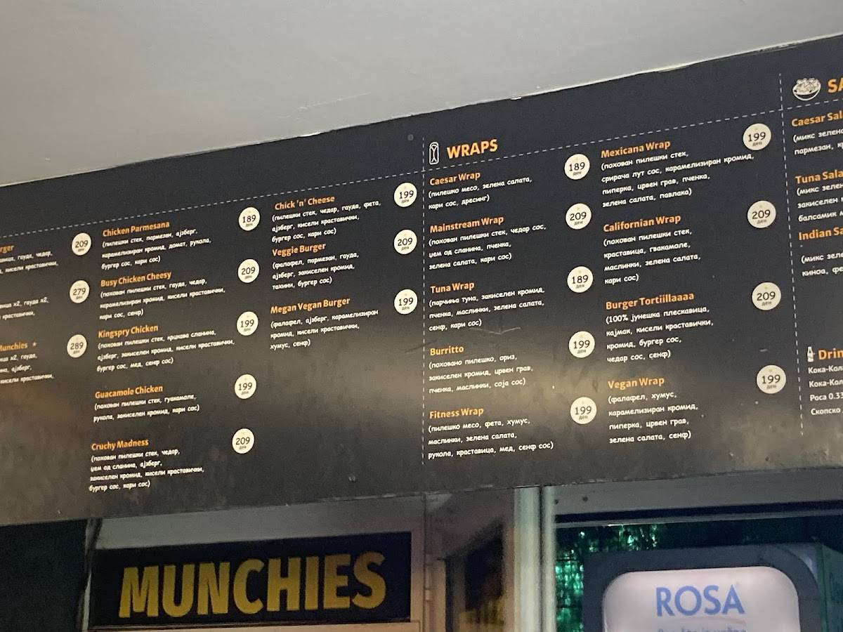 Menu at Munchies Burger restaurant, Skopje