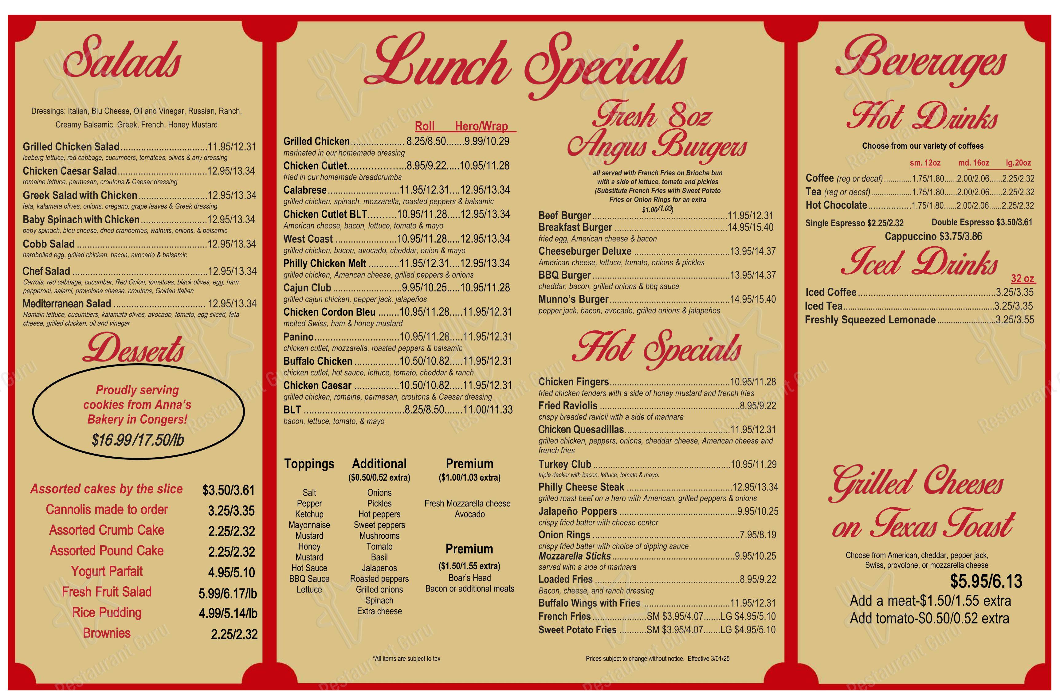Menu at Munno's too restaurant, Pearl River