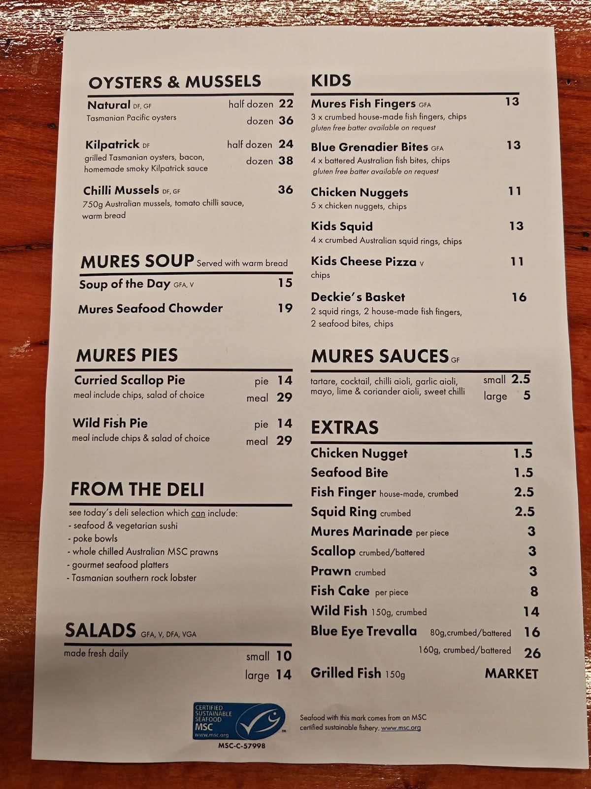Menu at Mures Lower Deck restaurant, Hobart