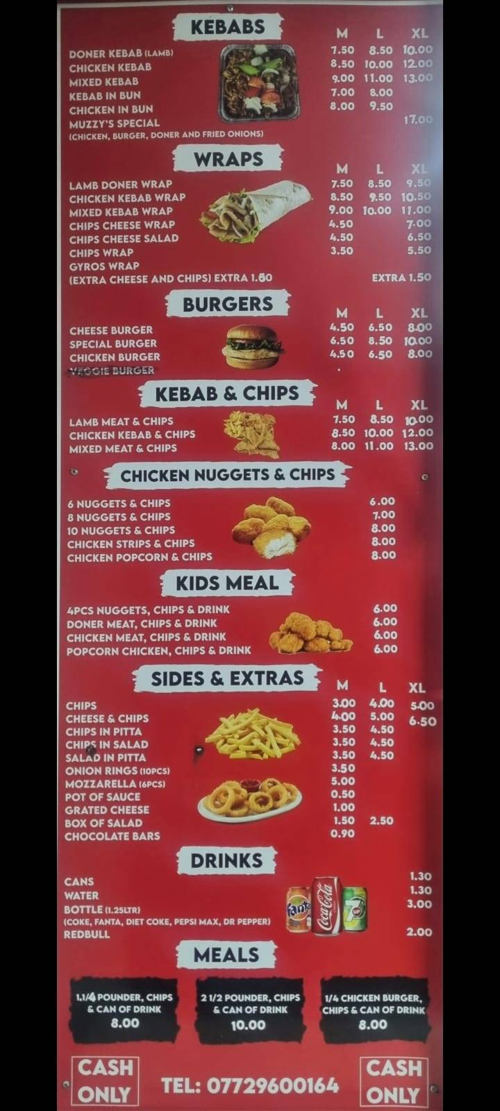 Menu at Muzzy's Kebab restaurant, Moreton-in-Marsh