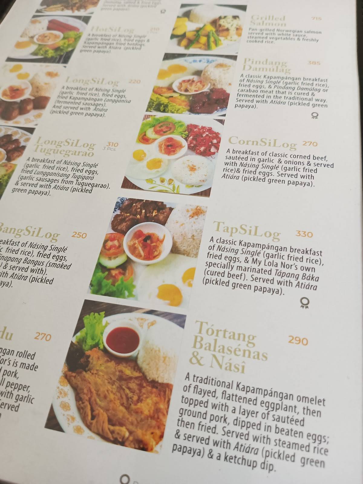 Menu at My Lola Nor's 301 restaurant, San Fernando, 4J86+4MG