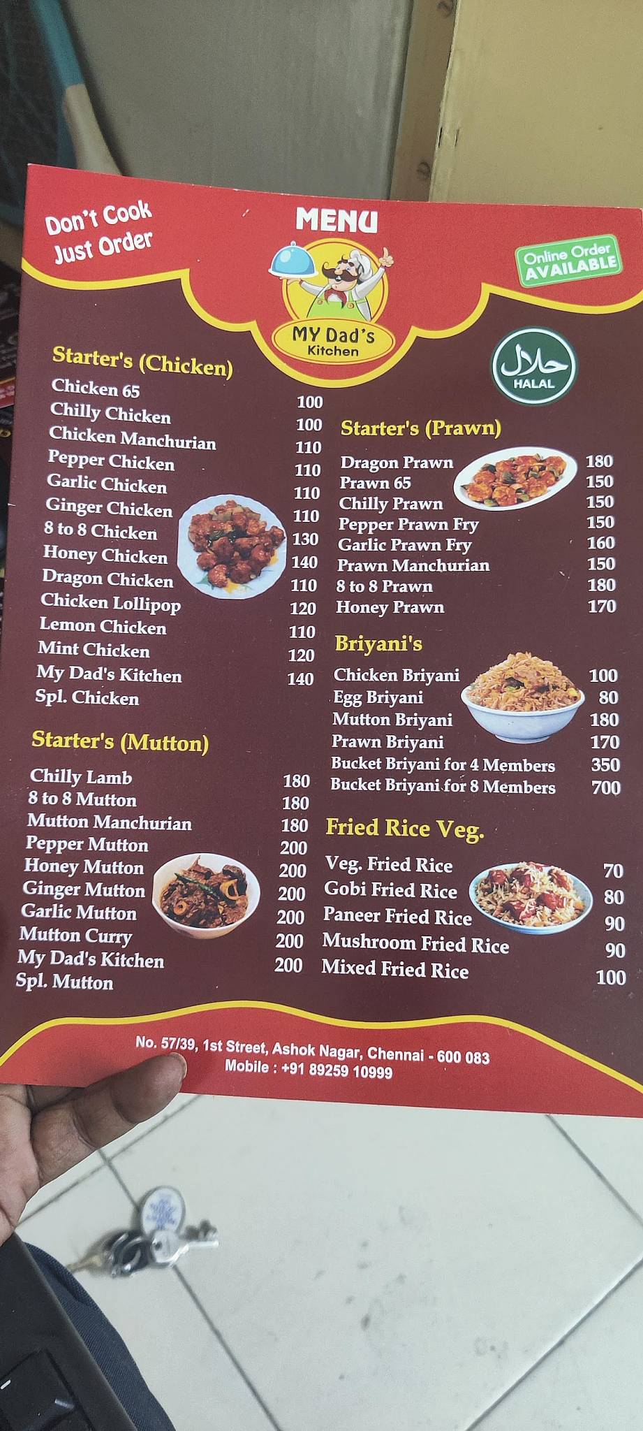 Menu at My dad's kitchen, Chennai