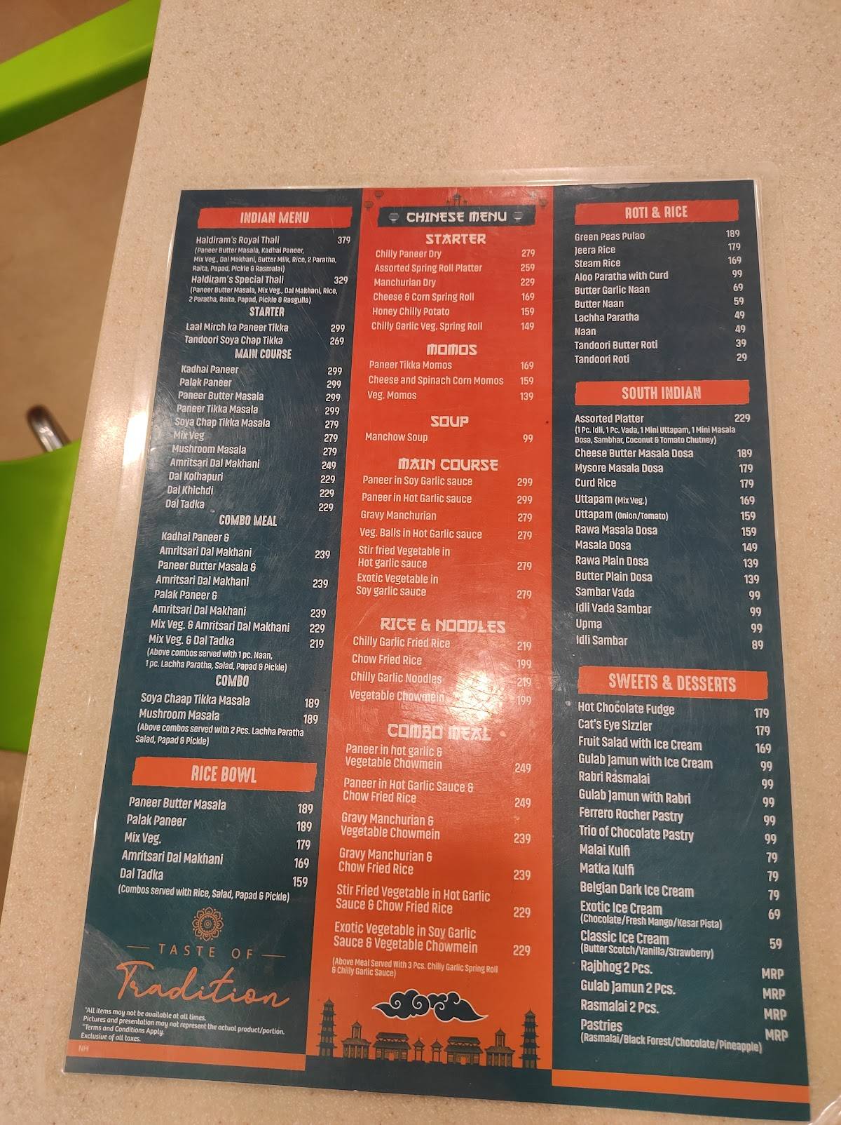 Menu at Haldiram's, Nagpur, 201
