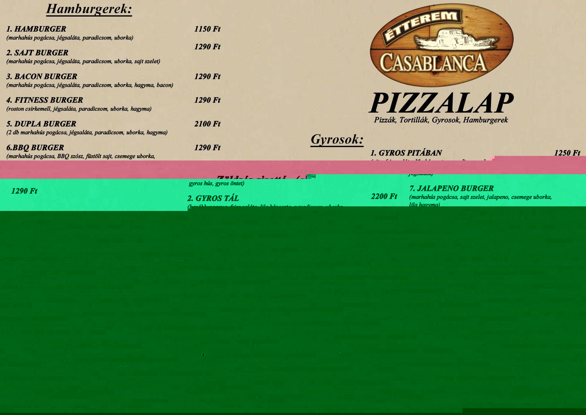 Menu at Casablanca Étterem restaurant, Nagykáta