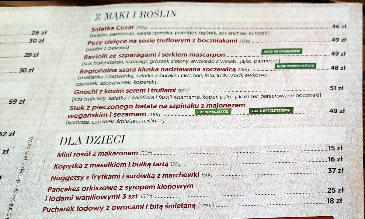 Menu at Willa Filiks restaurant, Nałęczów, Armatnia Góra 10