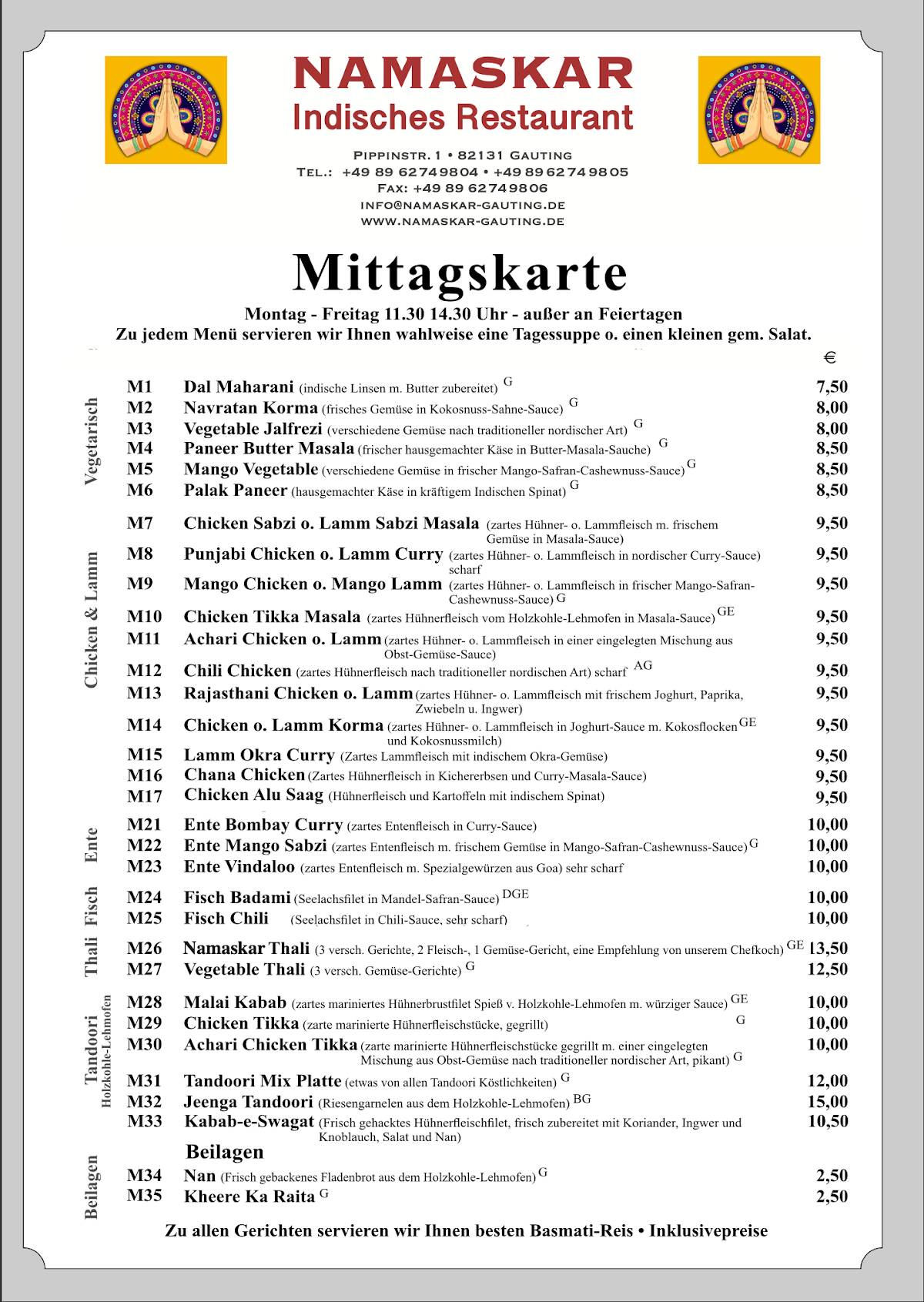 Carta de Namaskar Indisches Restaurant, Gauting